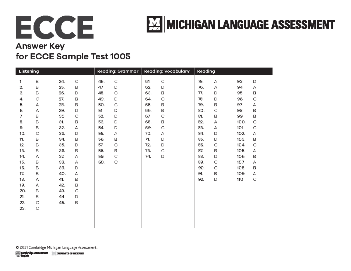ECCE Sample Test 1005 Answer Key - Listening Reading: Grammar Reading ...