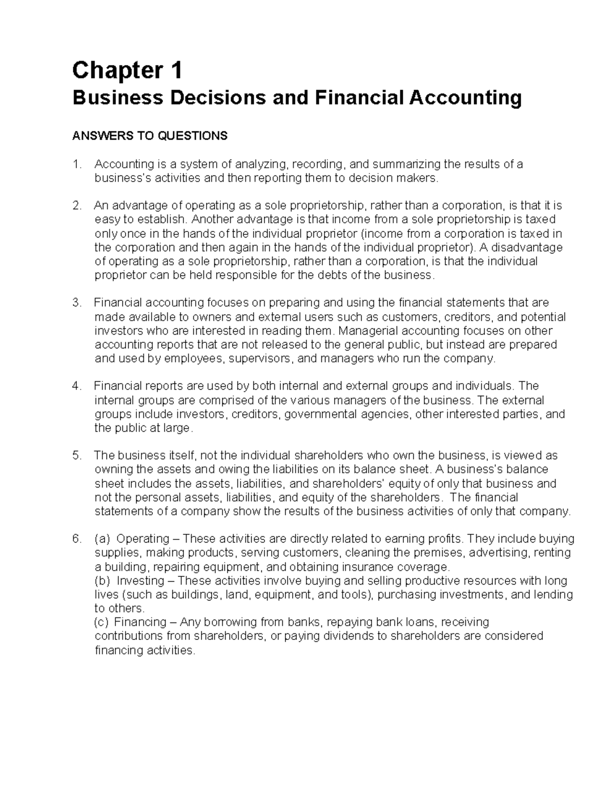 Chapter 1-solutions - lecture 1 - Chapter 1 Business Decisions and ...