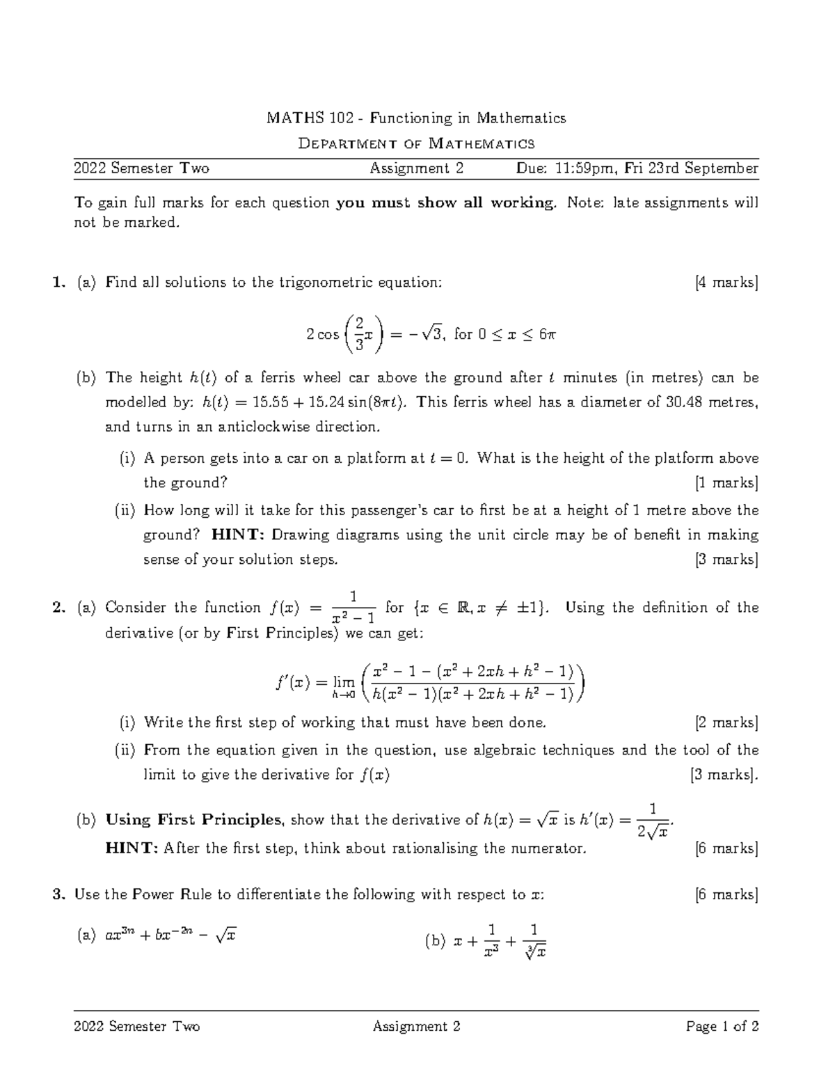 Maths 102 Assignment 2 S2 2022 (003) - MATHS 102 - Functioning in ...