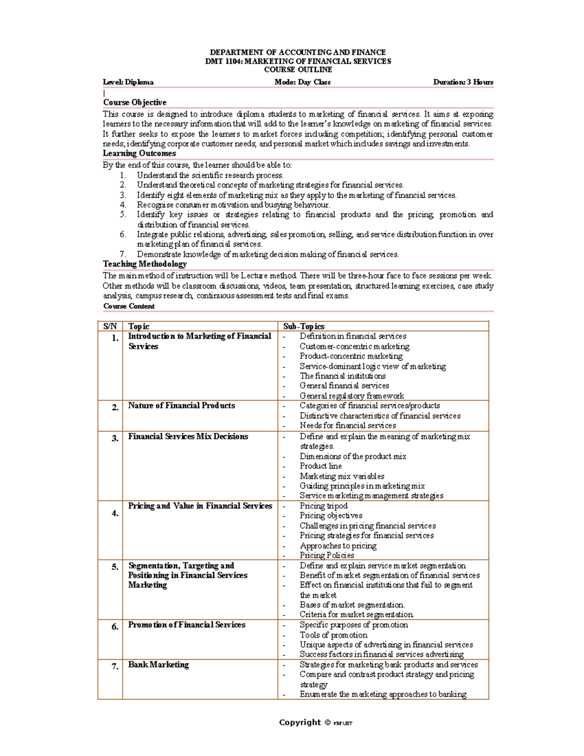 Course Outline - Summary Marketing of Financial Services - DEPARTMENT ...
