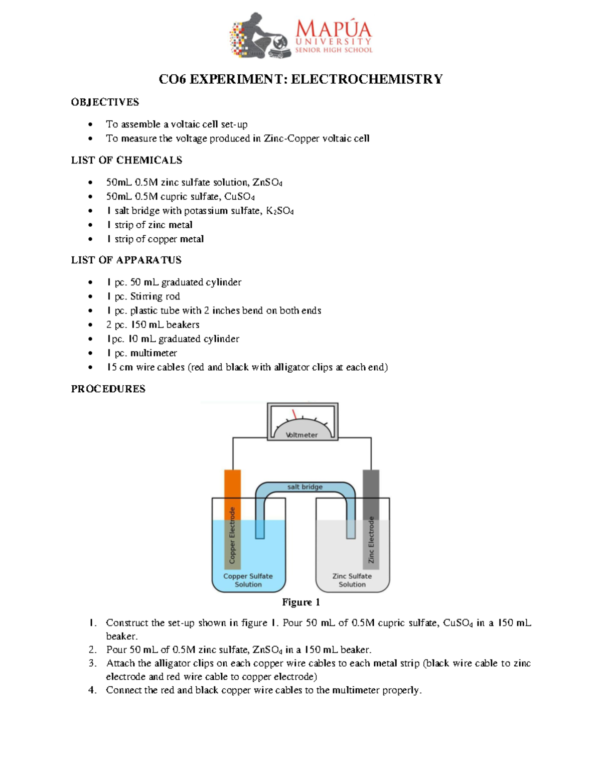 Electrochemistry - CO6 EXPERIMENT: ELECTROCHEMISTRY OBJECTIVES To ...