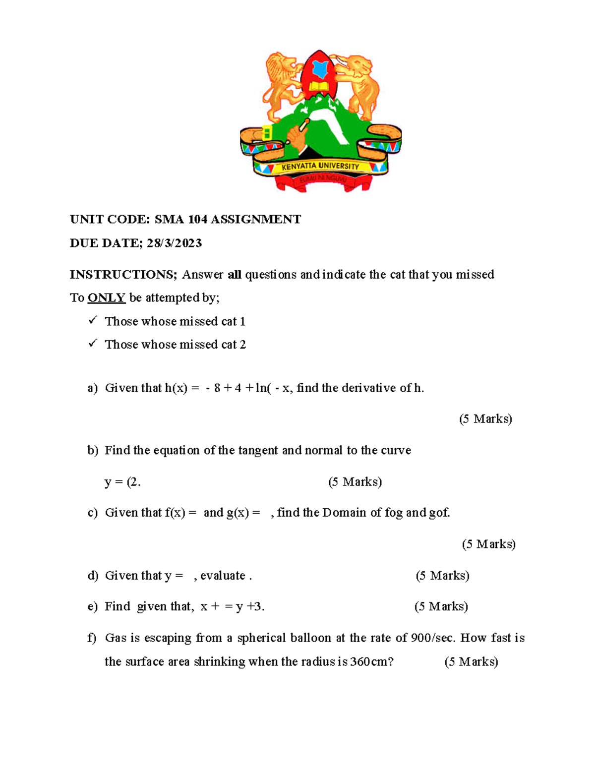 SMA 104 MAKE UP Assignment - UNIT CODE: SMA 104 ASSIGNMENT DUE DATE; 28 ...