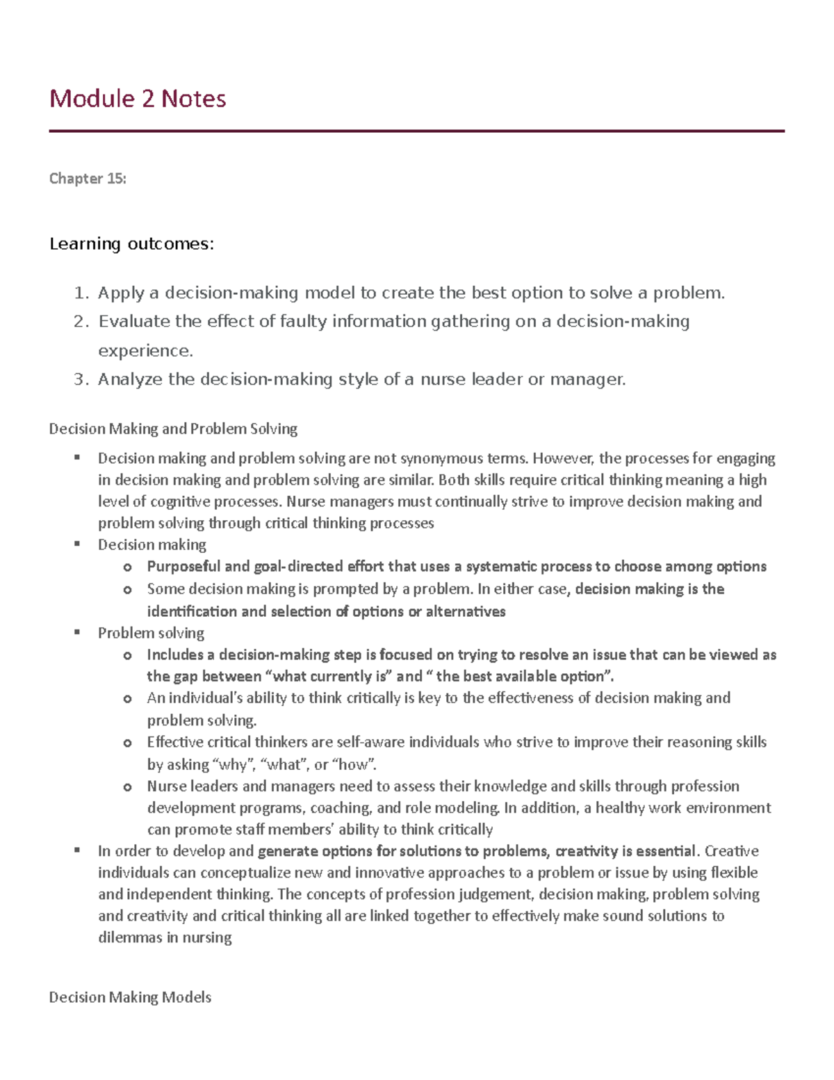 Module 2 Notes - Module 2 Notes Chapter 15: Learning outcomes: Apply a ...