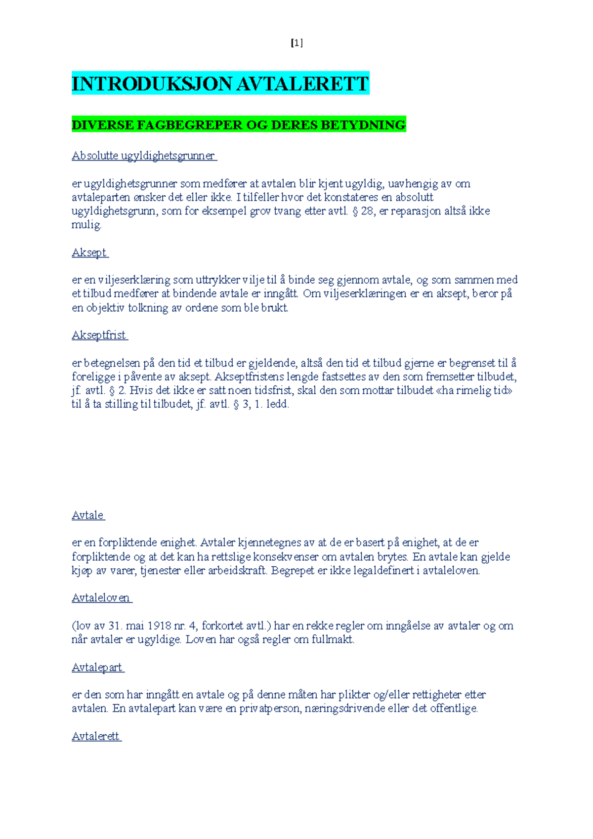 Introduksjon Avtalerett - INTRODUKSJON AVTALERETT DIVERSE FAGBEGREPER OG DERES BETYDNING ...