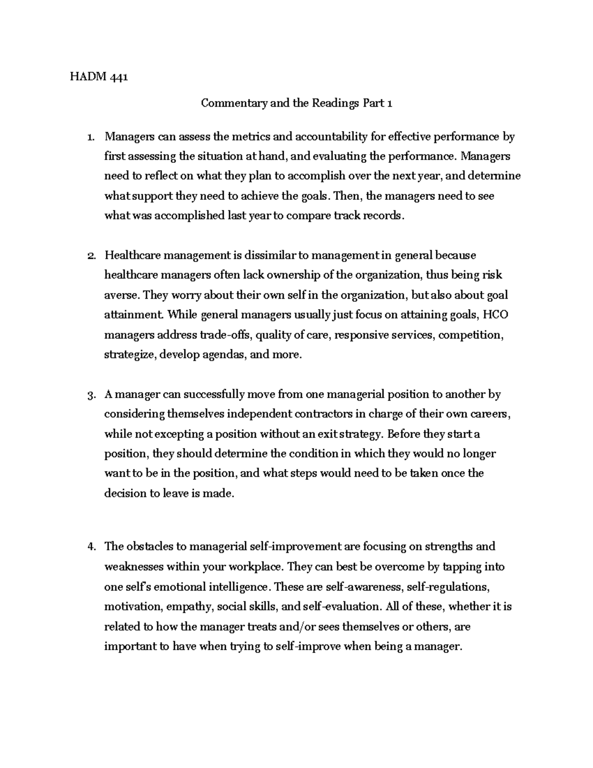 Comm & readings pt 1 - HADM 441 Commentary and the Readings Part 1 ...