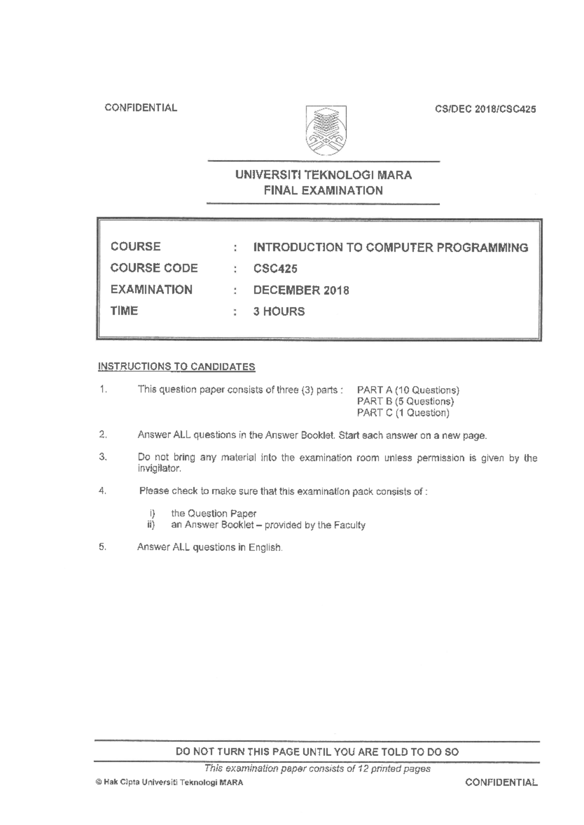 CSC425 Past Year 2019 S1 - programming 1 - Studocu