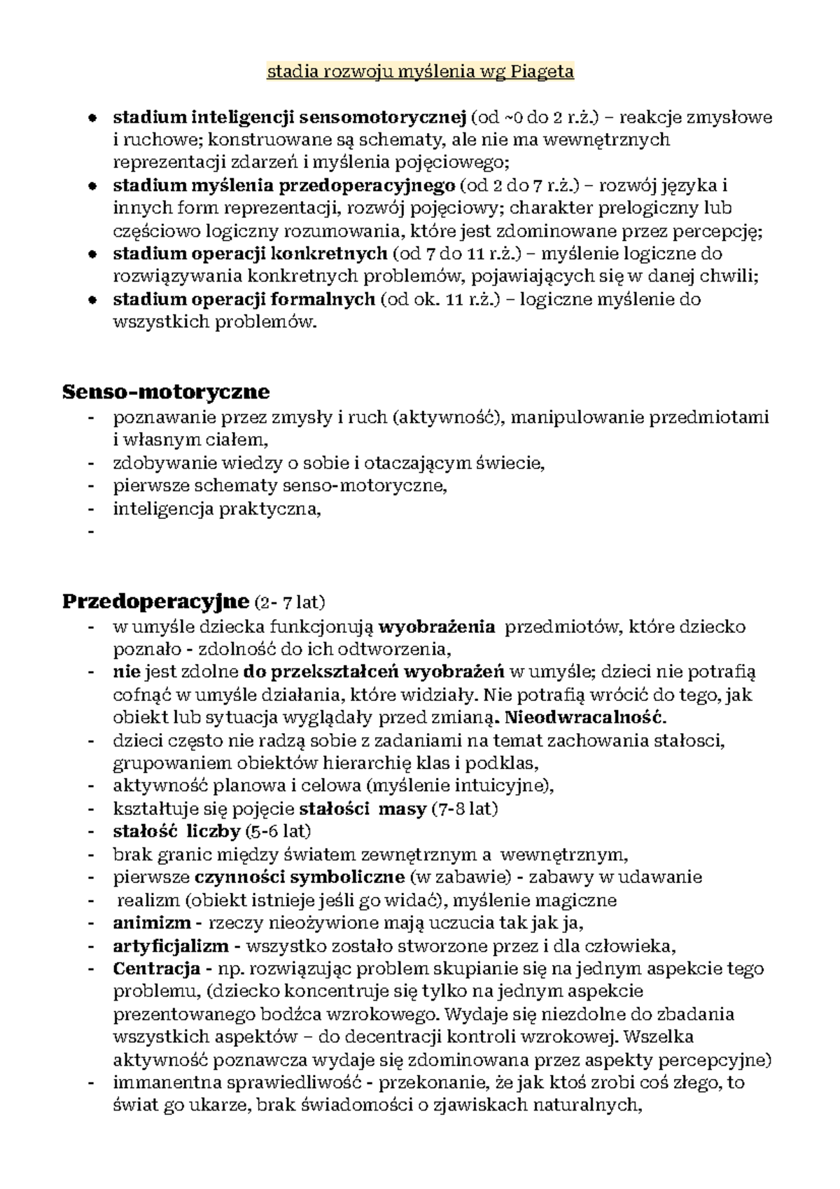 Stadia rozwoju myślenia wg Piageta - stadia rozwoju myślenia wg Piageta ...