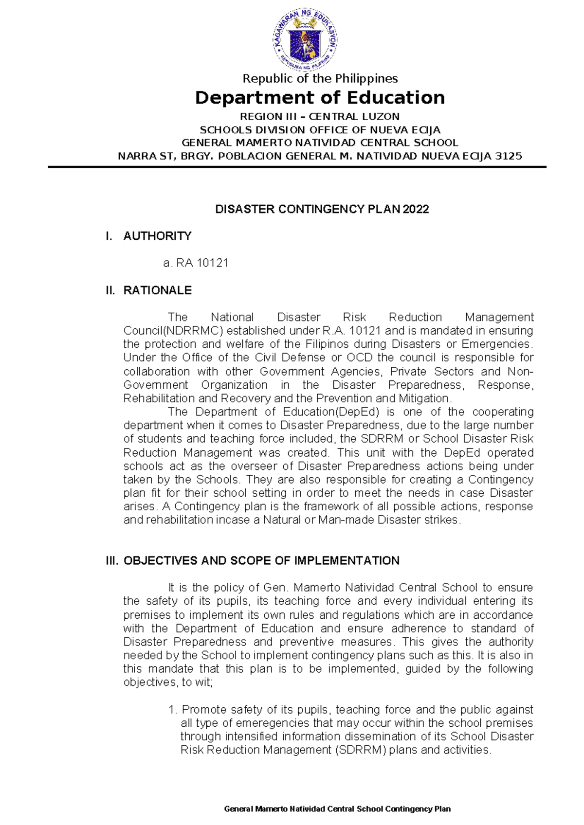 contingency plan - Republic of the Philippines Department of Education ...