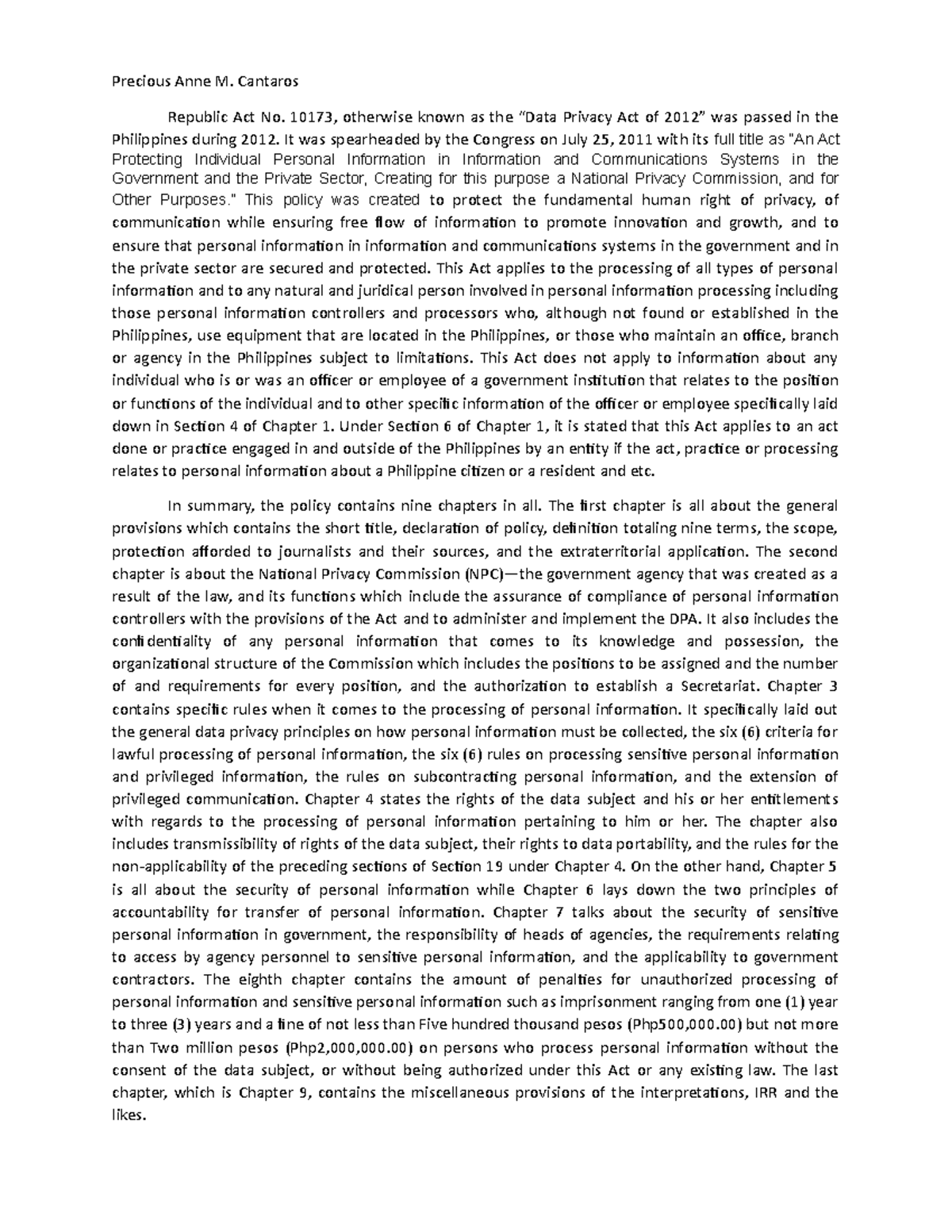 Summary of The Data Privacy Act of 2012 (Summary) - Precious Anne M ...