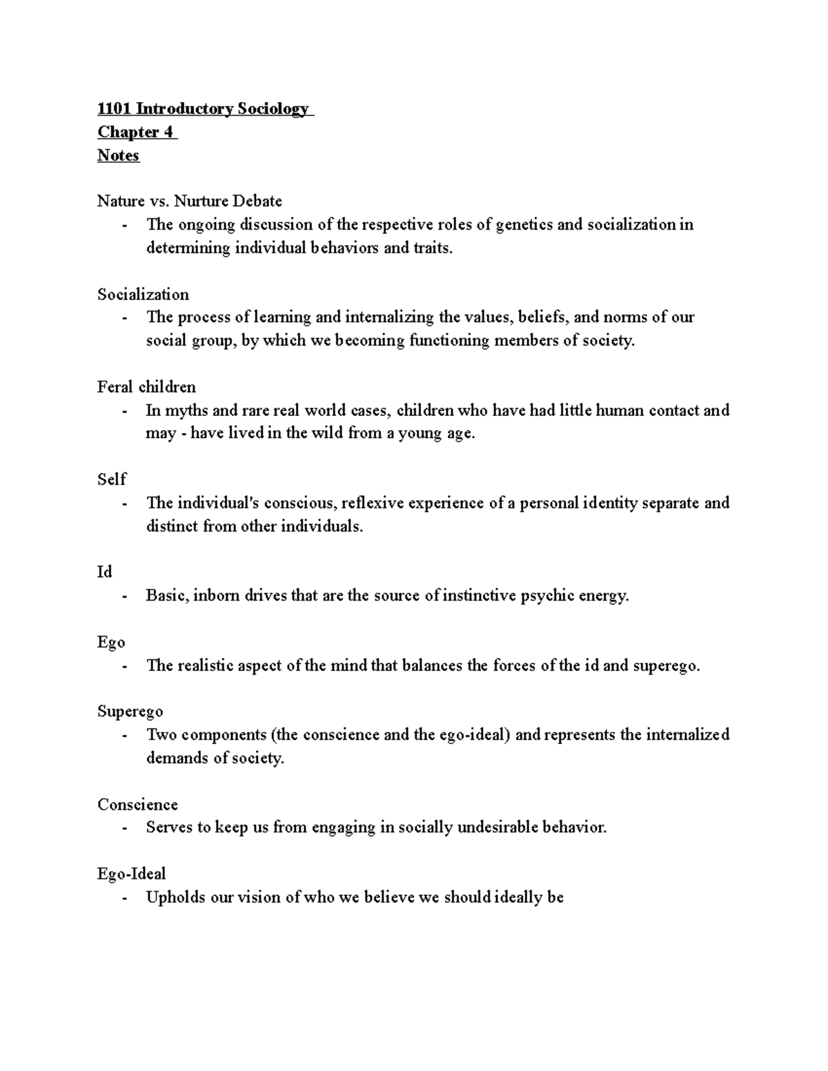 Intro sociology- chapter 4 notes - 1101 Introductory Sociology Chapter ...