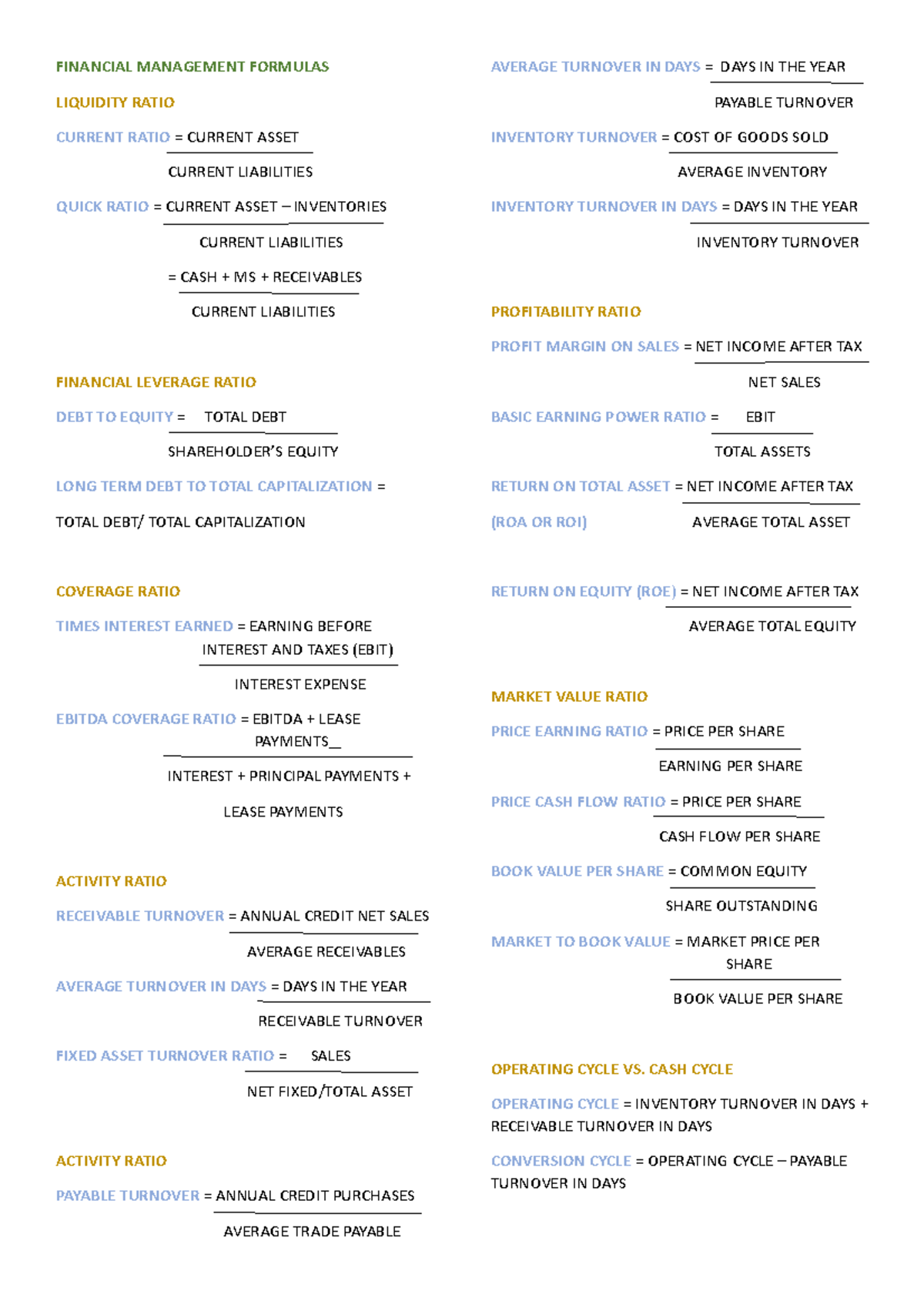 Financial Management Formulas - FINANCIAL MANAGEMENT FORMULAS LIQUIDITY ...