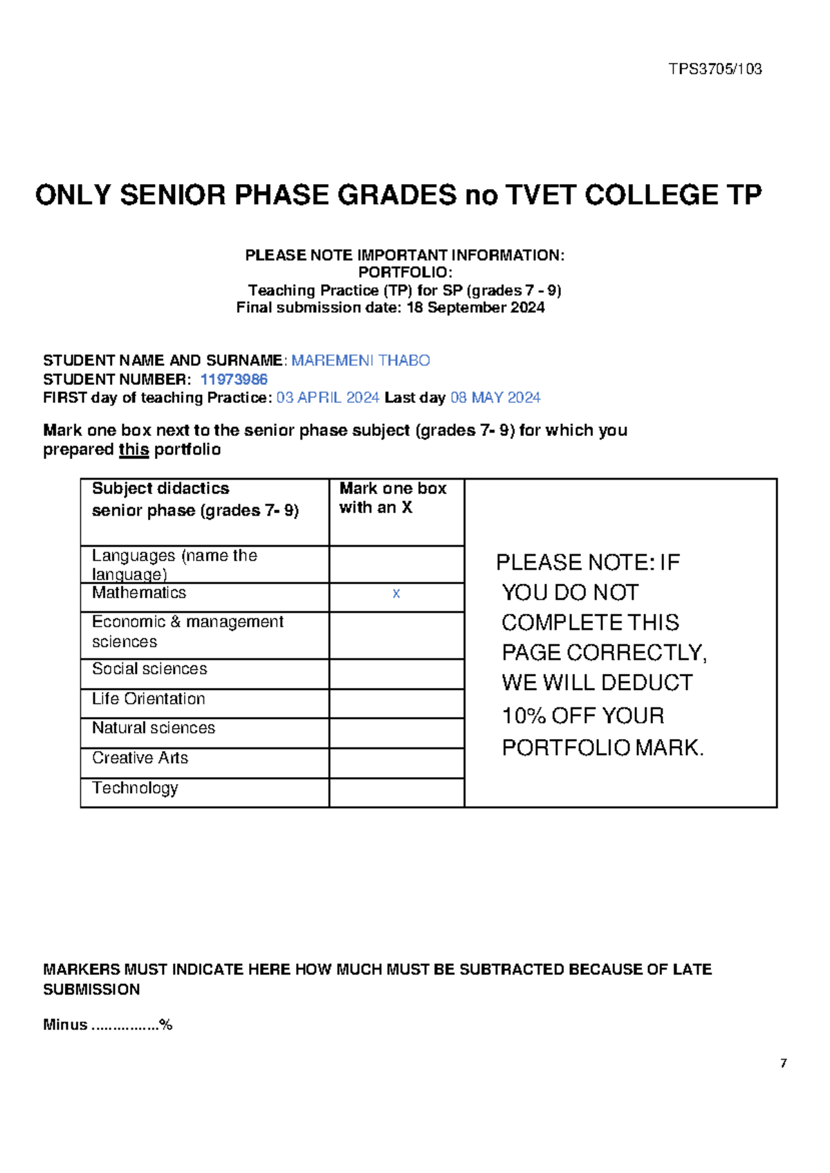 TPS3705 portfolio - 7 ONLY SENIOR PHASE GRADES no TVET COLLEGE TP ...