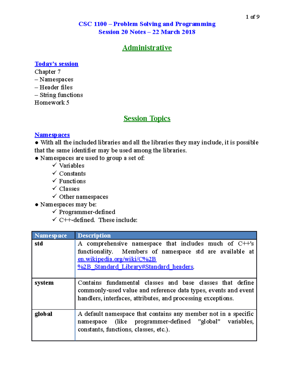 CSC1100 Dan O Session 20Notes 2018 0322 - 1 of 9 CSC 1100 – Problem ...
