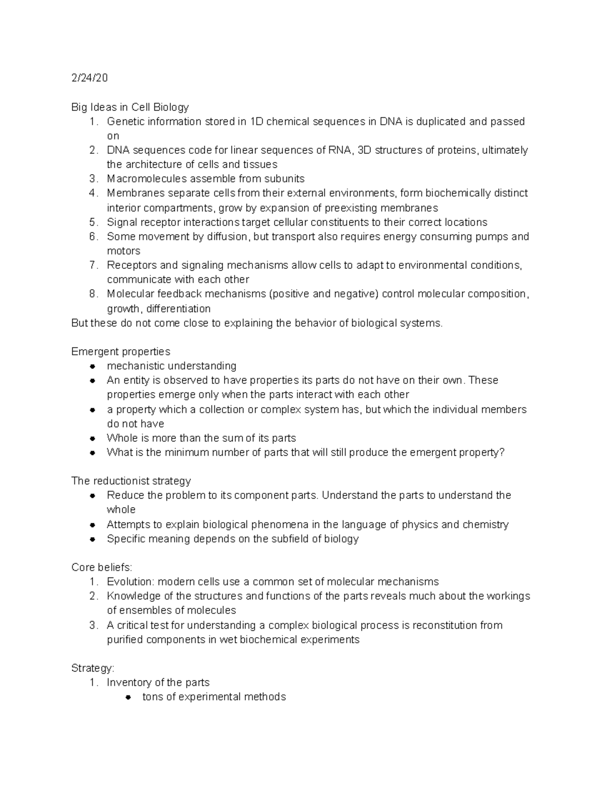 The Reductionist Approach class notes - 2/24/ Big Ideas in Cell Biology ...