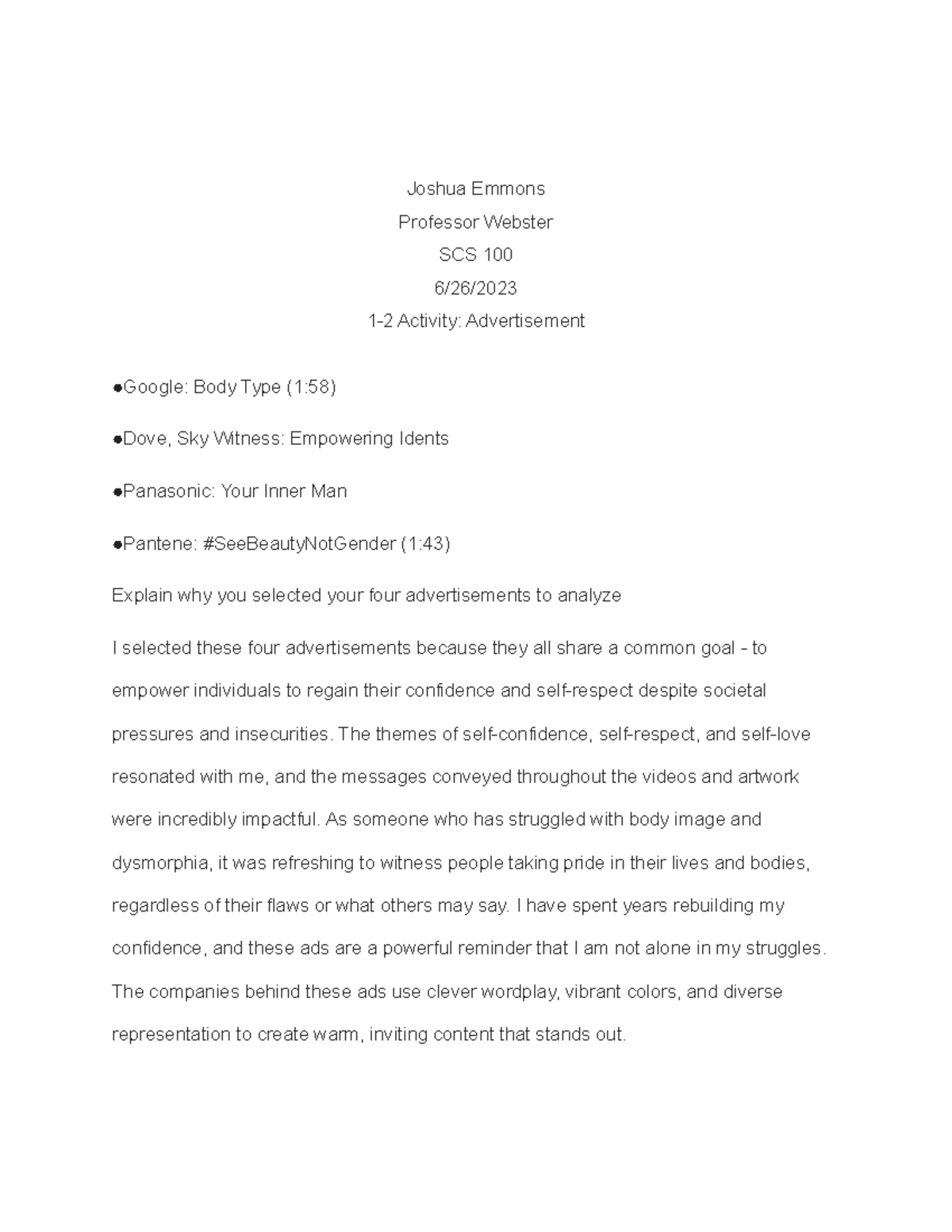 1-2 Advertisment - Joshua Emmons Professor Webster SCS 100 6/26/ 1-2 ...