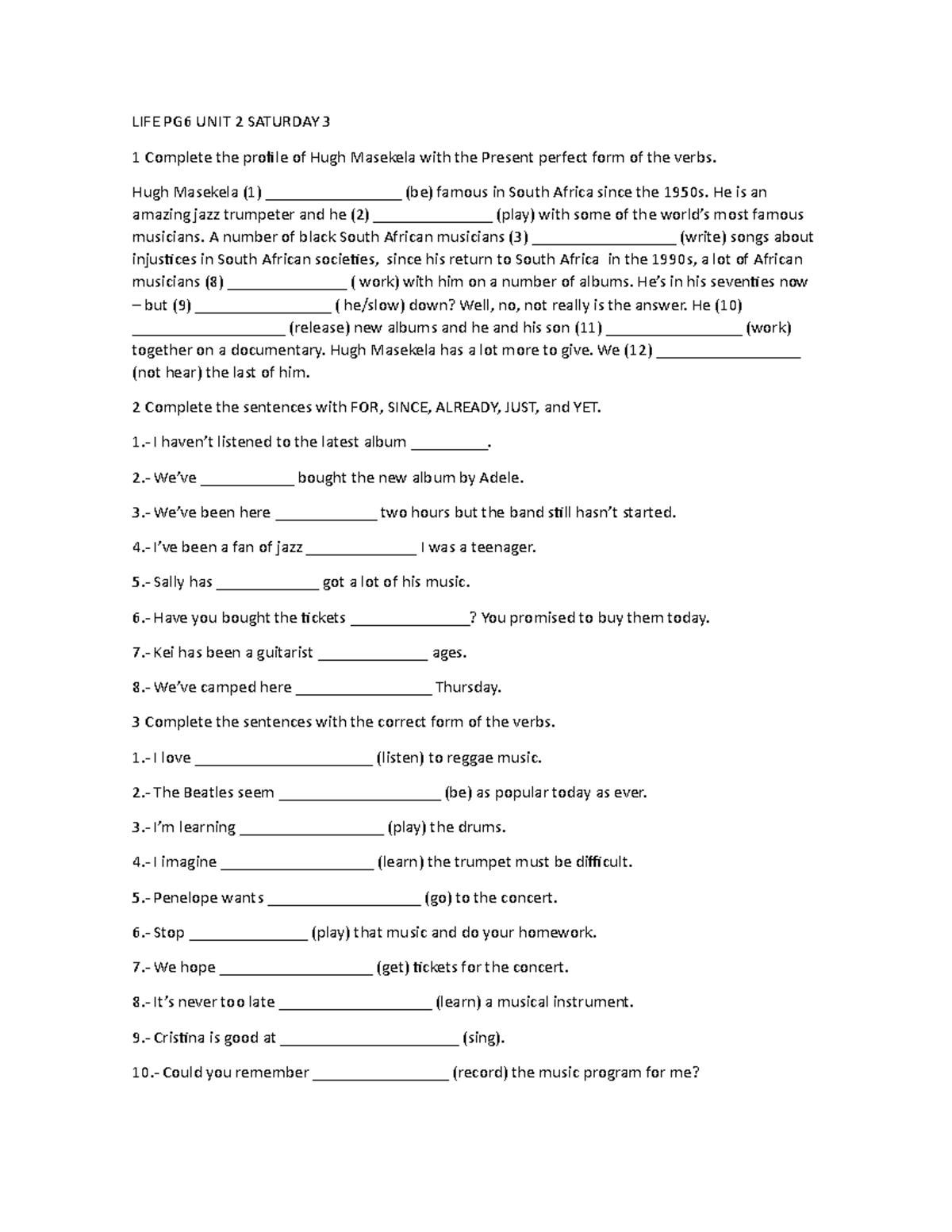 LIFE PG6 UNIT 2 Saturday 3 - LIFE PG6 UNIT 2 SATURDAY 3 1 Complete the ...
