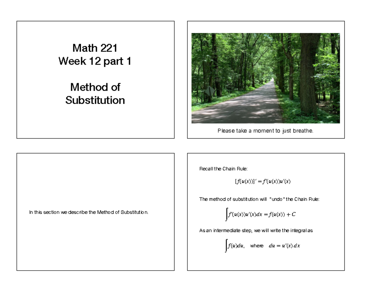 Week 12 - Notes - Math 221 Week 12 part 1 Method of Substitution Please ...