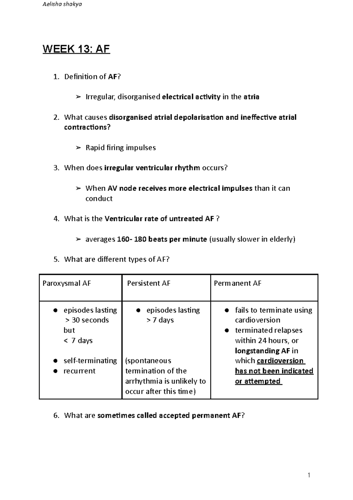 Atrial Fibrillation - Lecture notes AF - WEEK 13: AF Definition of AF ...