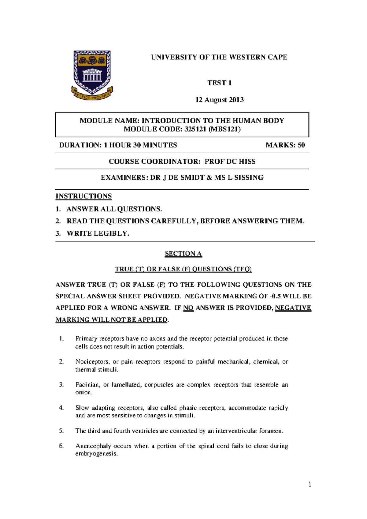 MBS121 2013 Test 1 - Practice test - UNIVERSITY OF THE WESTERN CAPE ...