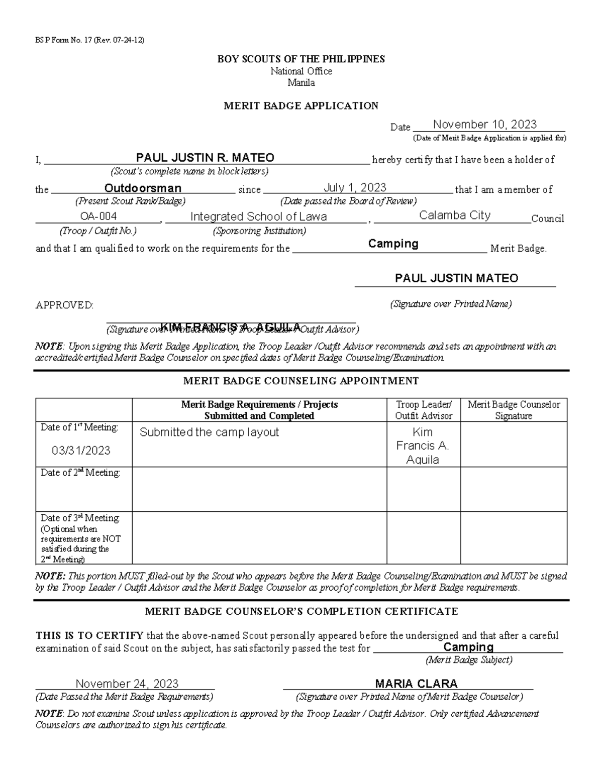 APP Merit Badge 2012-1 - BSP Form No. 17 (Rev. 07-24-12) BOY SCOUTS OF ...
