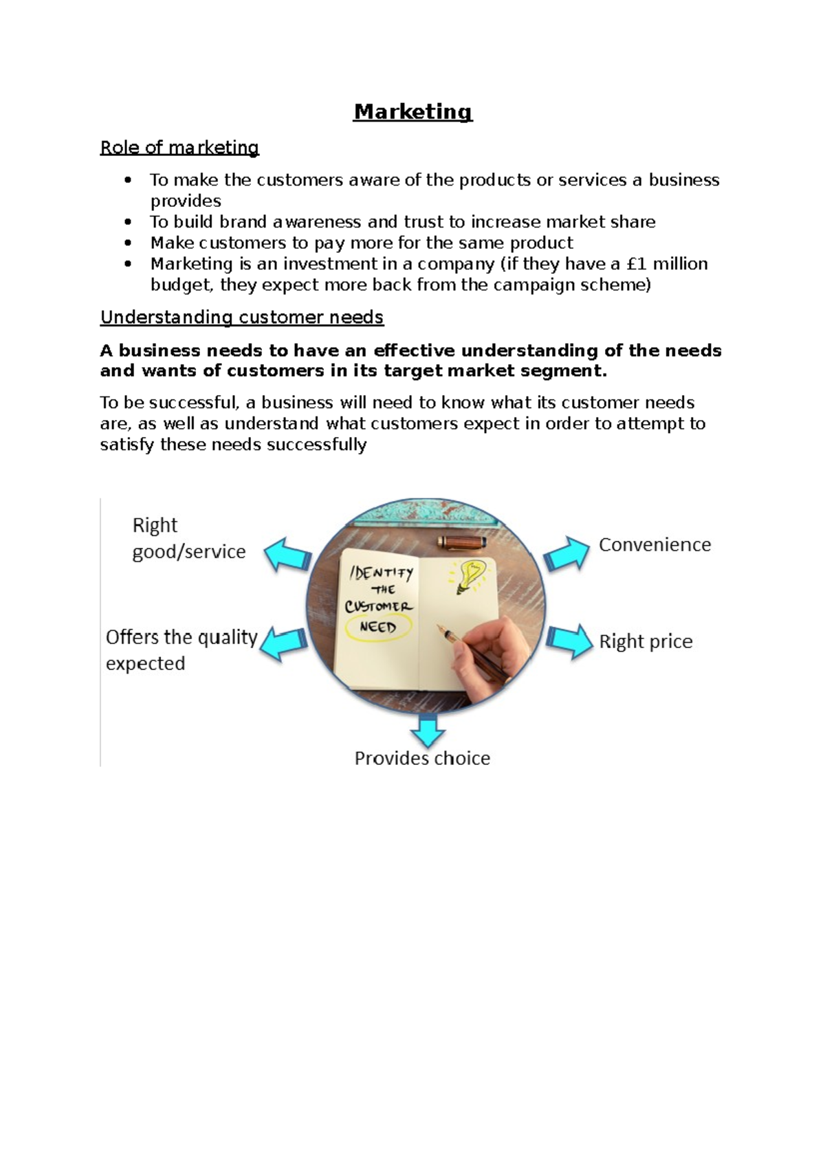 Marketing document - Marketing Role of marketing To make the customers ...