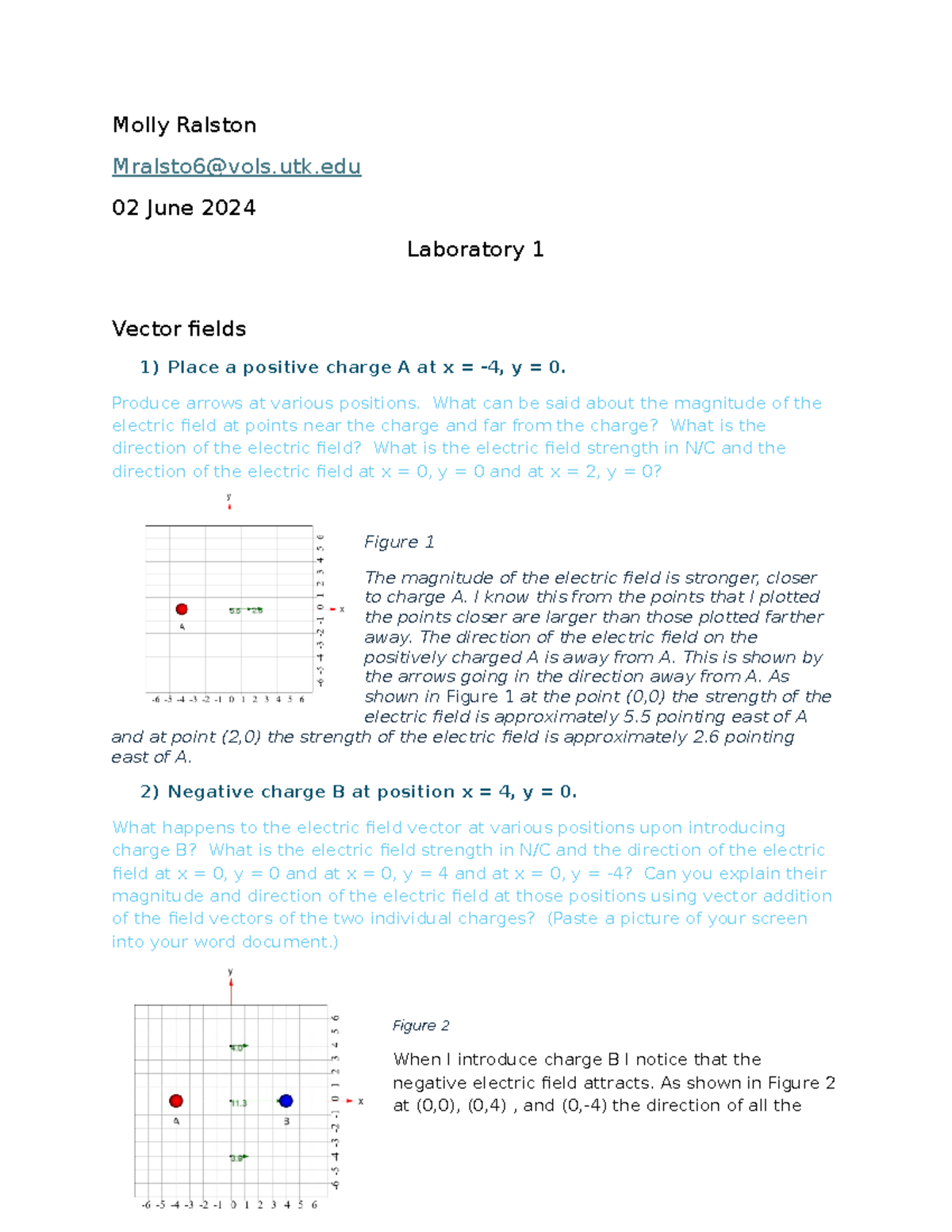 Lab 1 PHYS 222 - Analyzing Electric Fields and Forces - Molly Ralston Mralsto6@vols.utk 02 June ...