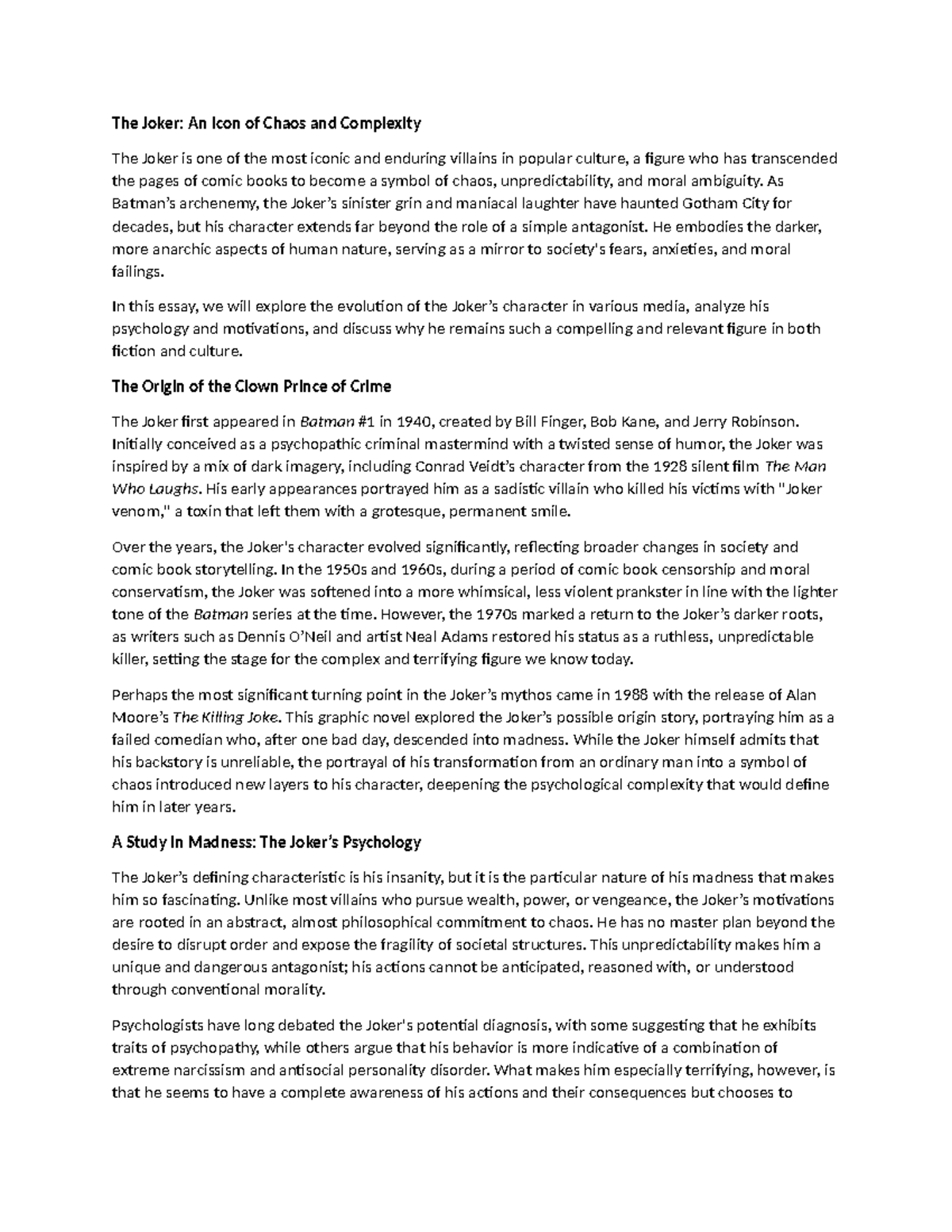 The Joker - Notes - The Joker: An Icon of Chaos and Complexity The ...