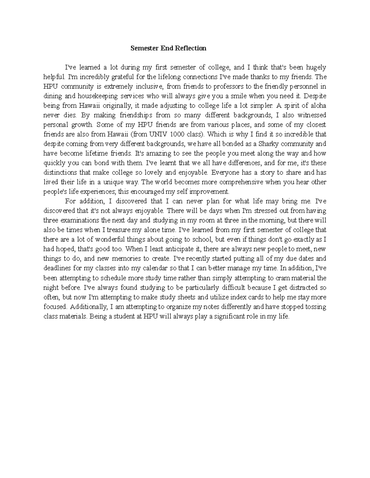 Semester End Reflection - I'm incredibly grateful for the lifelong ...