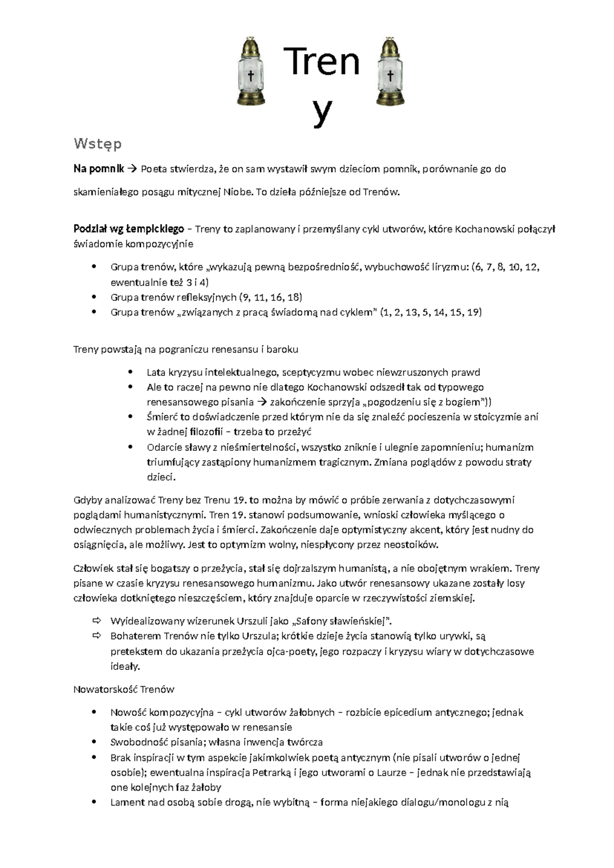 Treny Kochanowskiego + Wstęp BN - Wstęp Na pomnik Poeta stwierdza, że on sam wystawił swym - Studocu