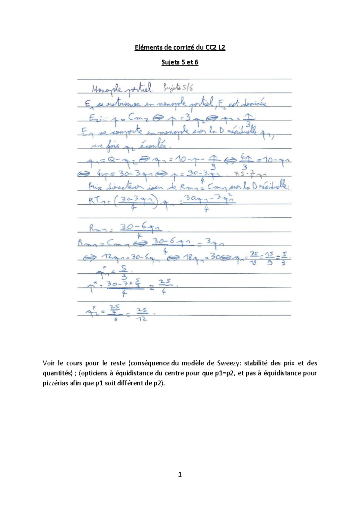 Eléments corrigé CC2 Sujets 5-6 - Microéconomie - 1 Eléments de corrigé du CC2 L Sujets 5 et 6 ...