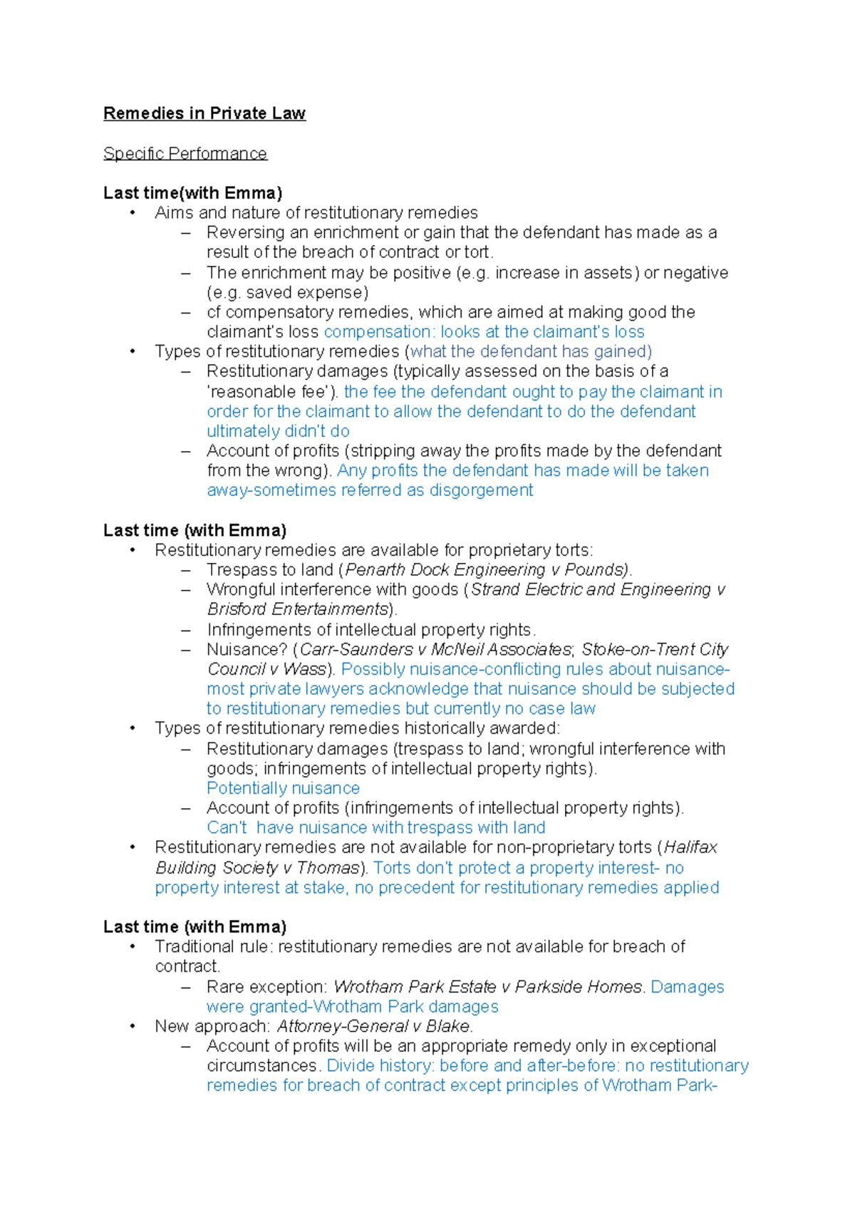 LAW 138 Remedies Lecture 6 Specific Performance - Remedies in Private ...
