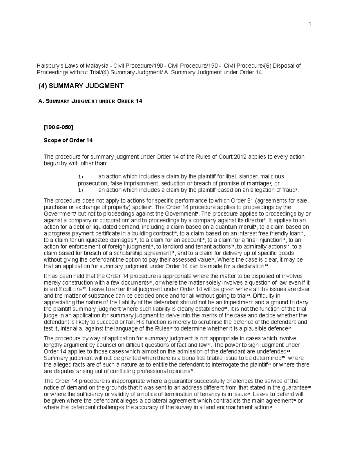 Summary Judgement Order 14 - Halsbury's Laws of Malaysia - Civil ...
