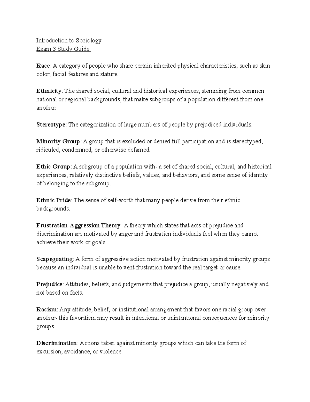 Introduction to Sociology Exam 3 Study Guide - Ethnicity: The shared ...