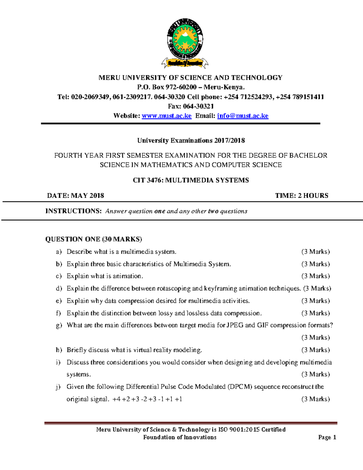 CIT 3476 Multimedia Systems - Meru University of Science & Technology is ISO 9001:2015 Certified ...