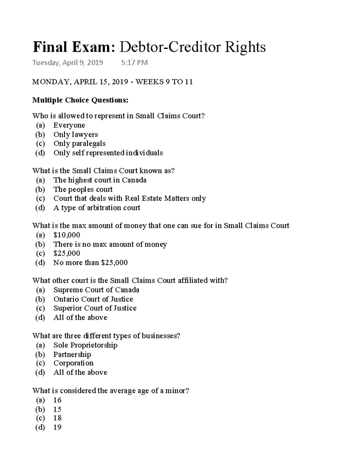 Practice Final Exam - Questions - Final Exam: Debtor-Creditor Rights ...