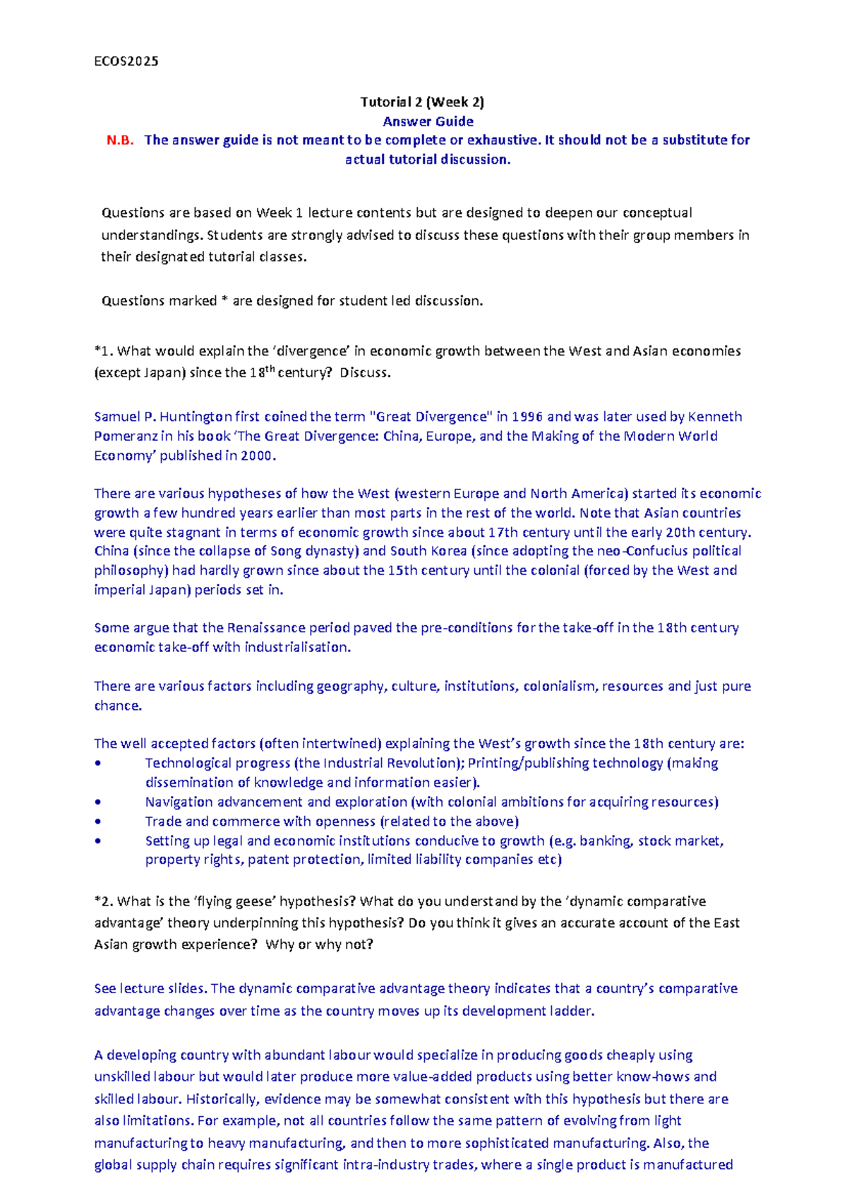 Tutorial 2 Answer Guide Ecos Tutorial 2 Week 2 Answer Guide N The Answer Guide Is Not Meant