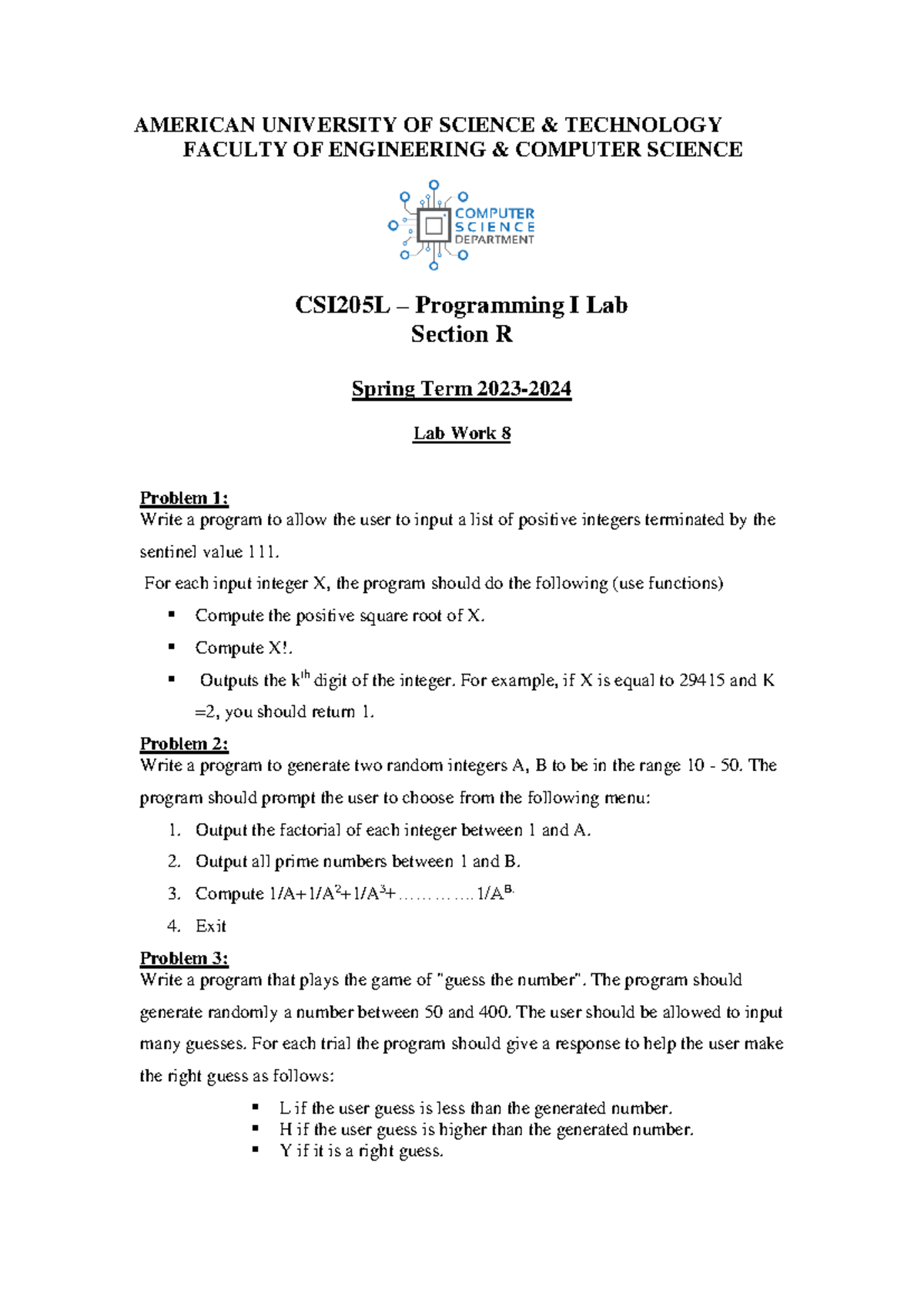 CSI205L Lab 8 - Lab8 - AMERICAN UNIVERSITY OF SCIENCE & TECHNOLOGY FACULTY OF ENGINEERING ...