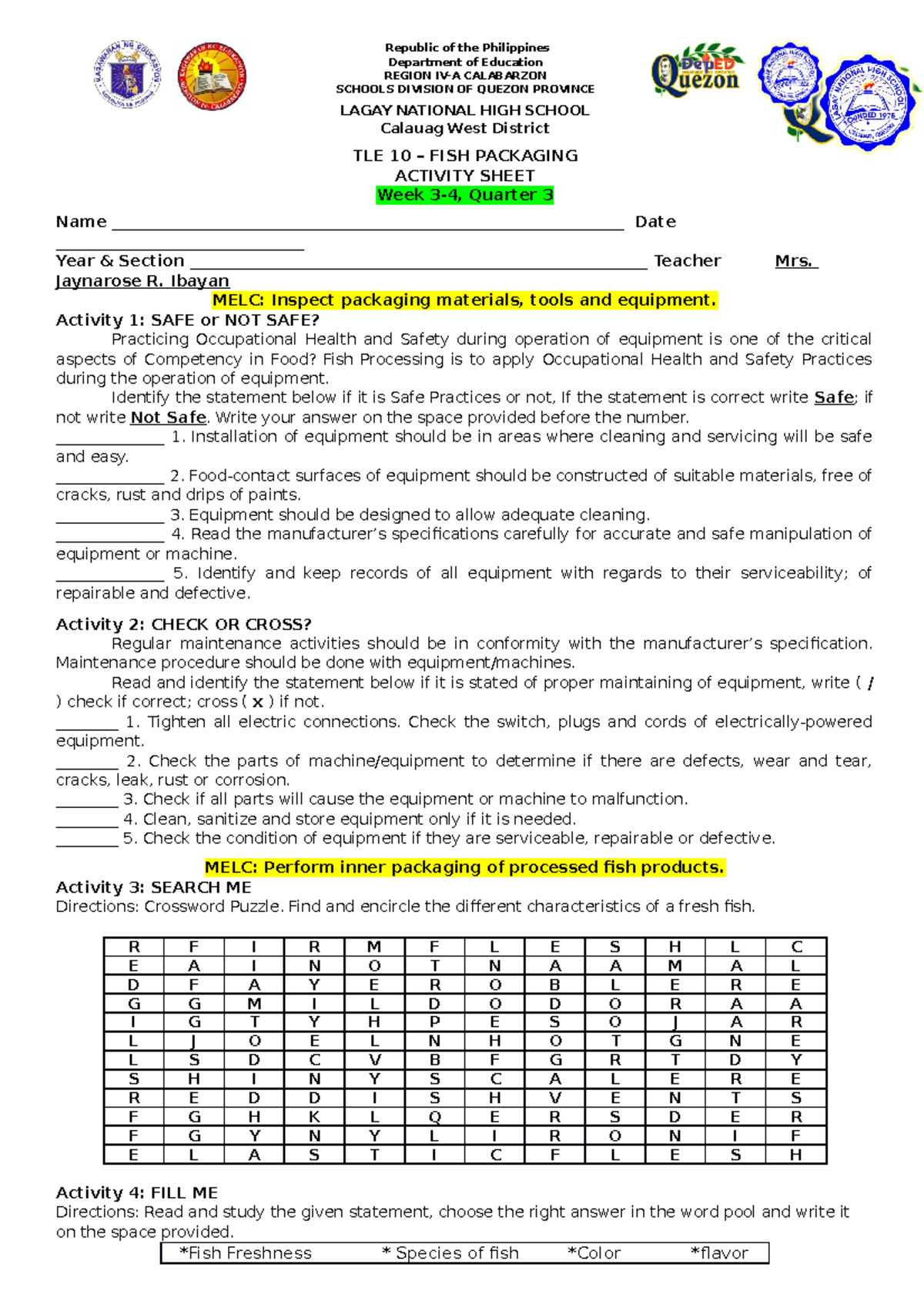 TLE 10 -Week 3-4-q3 - Activity/ Answer Sheets for the Third Quarter - Republic of the ...