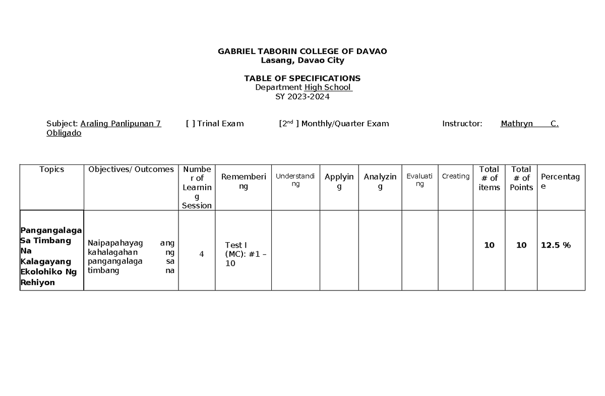 AP 7 TOS - AP 7 - GABRIEL TABORIN COLLEGE OF DAVAO Lasang, Davao City ...