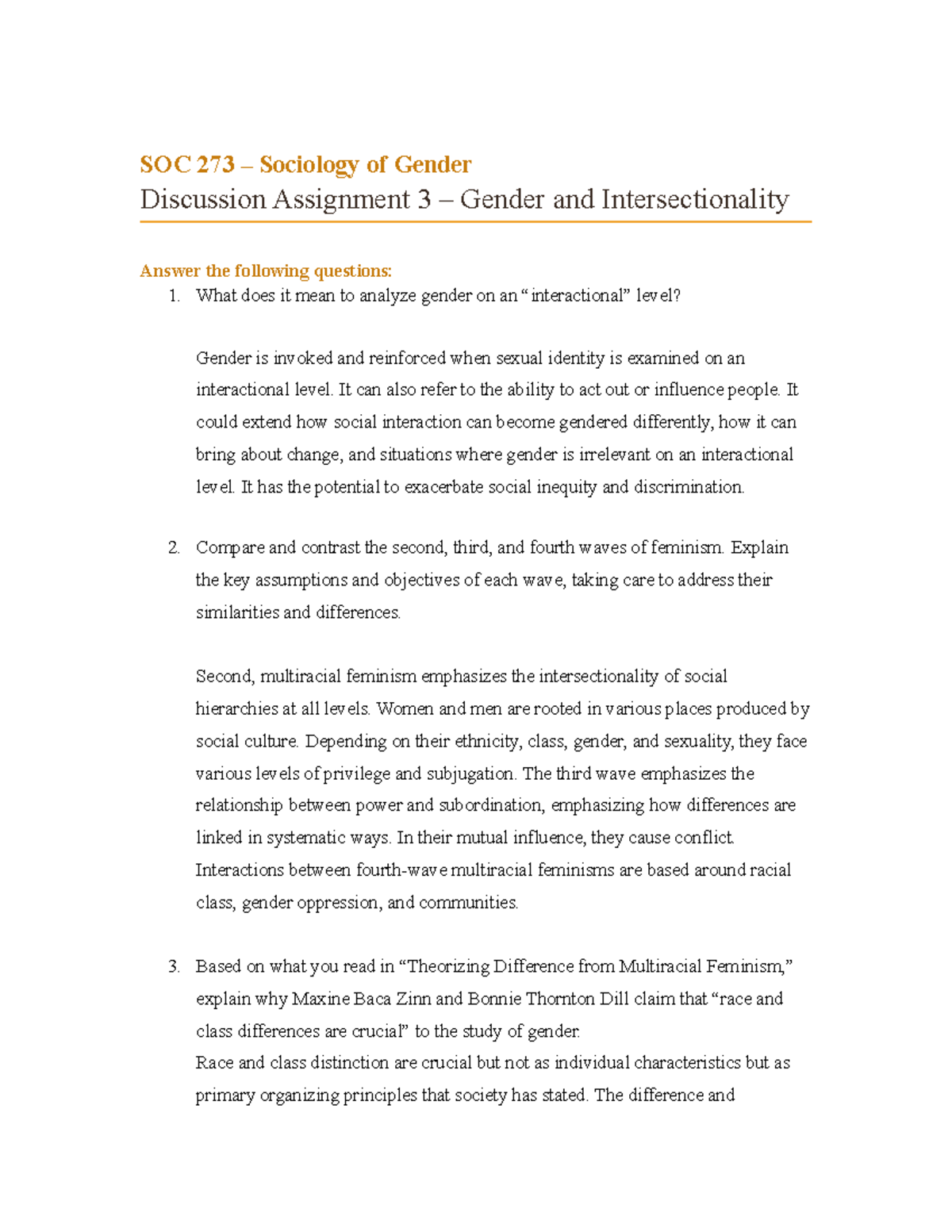 Discussion assignment 3 - SOC 273 – Sociology of Gender Discussion ...