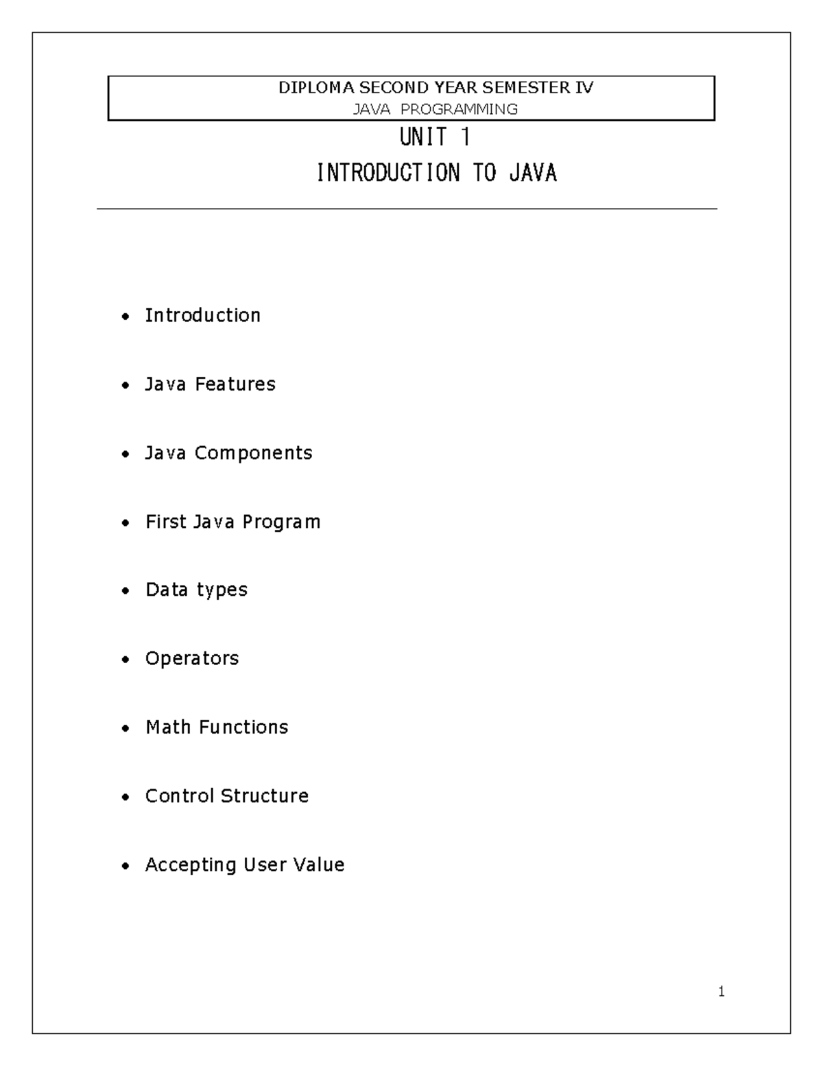 Java Unit 1 Notes - UNIT 1 INTRODUCTION TO JAVA - Studocu