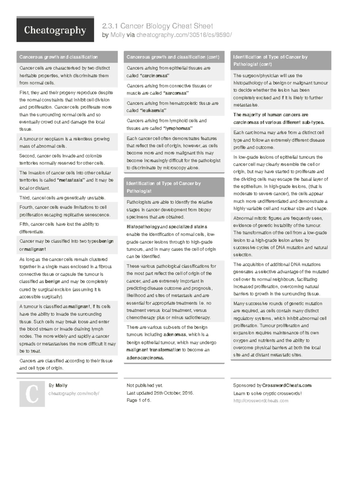 Cheat sheet - onc basics - by Molly via cheatography/30516/cs/9590 ...