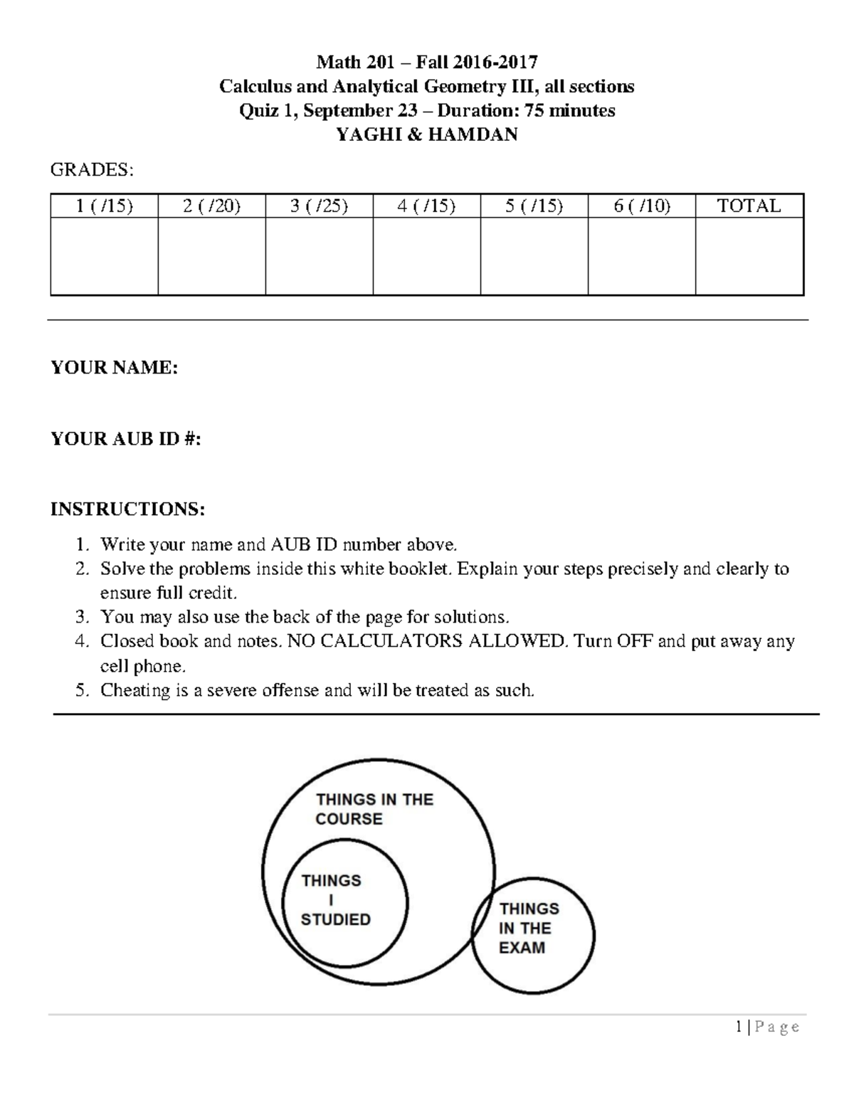Math 201-Quiz 1- Fall 2016 - Math 201 – Fall 2016- Calculus and ...