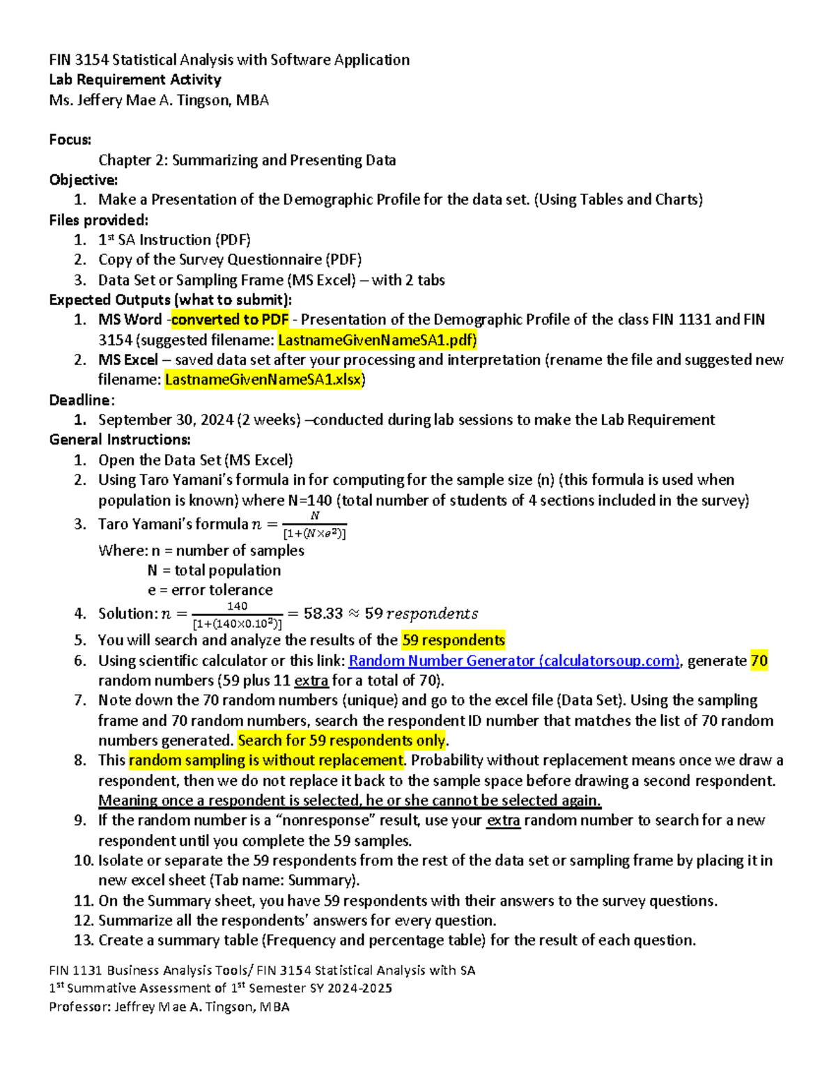Lab Req. Instruction FIN 3154 - FIN 1131 Business Analysis Tools/ FIN ...