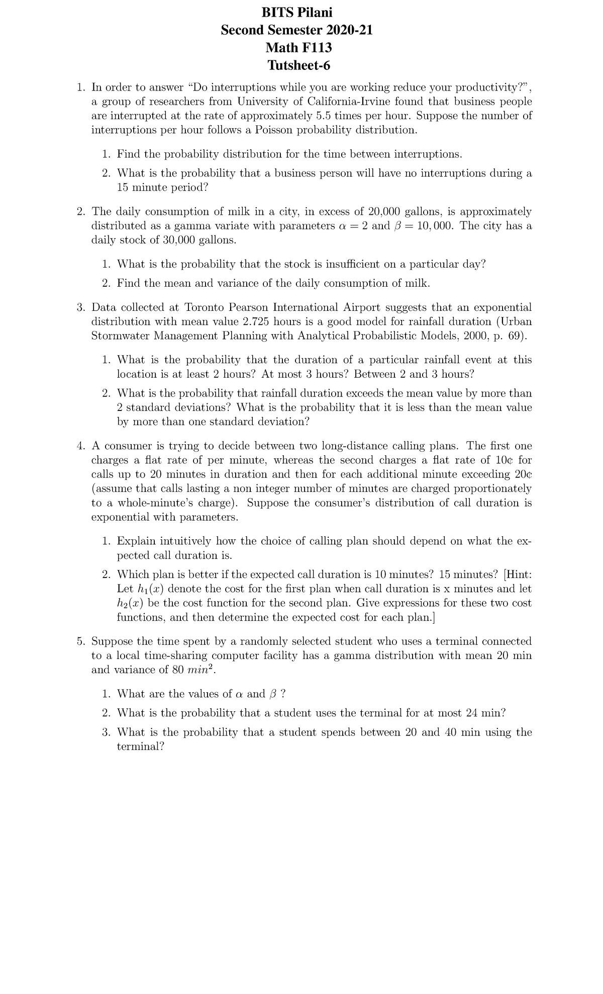 Tutorial Sheet 6 - Mathematics F113 - Probability and Statistics - BITS Pilani - Studocu