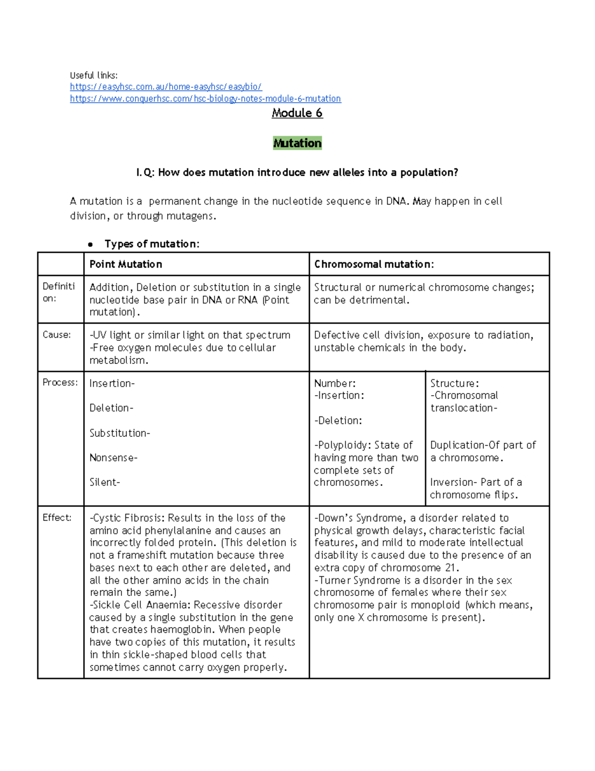 Mod 6 bio notes - Useful links: easyhsc.com/home-easyhsc/easybio/ - Studocu