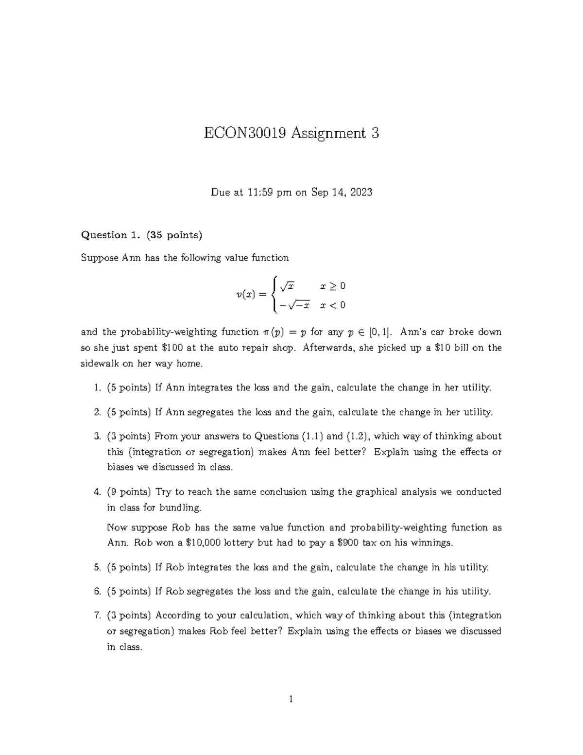 Assignment 3 - A3 - ECON30019 Assignment 3 Due at 11:59 pm on Sep 14, 2023 Question 1. (35 ...
