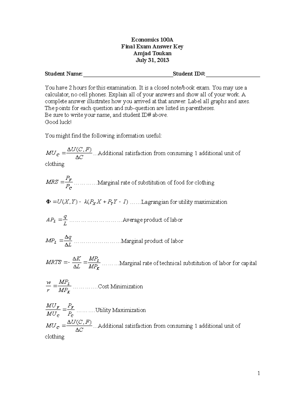 Final exam 2013, questions and answers - Economics 100A Final Exam ...