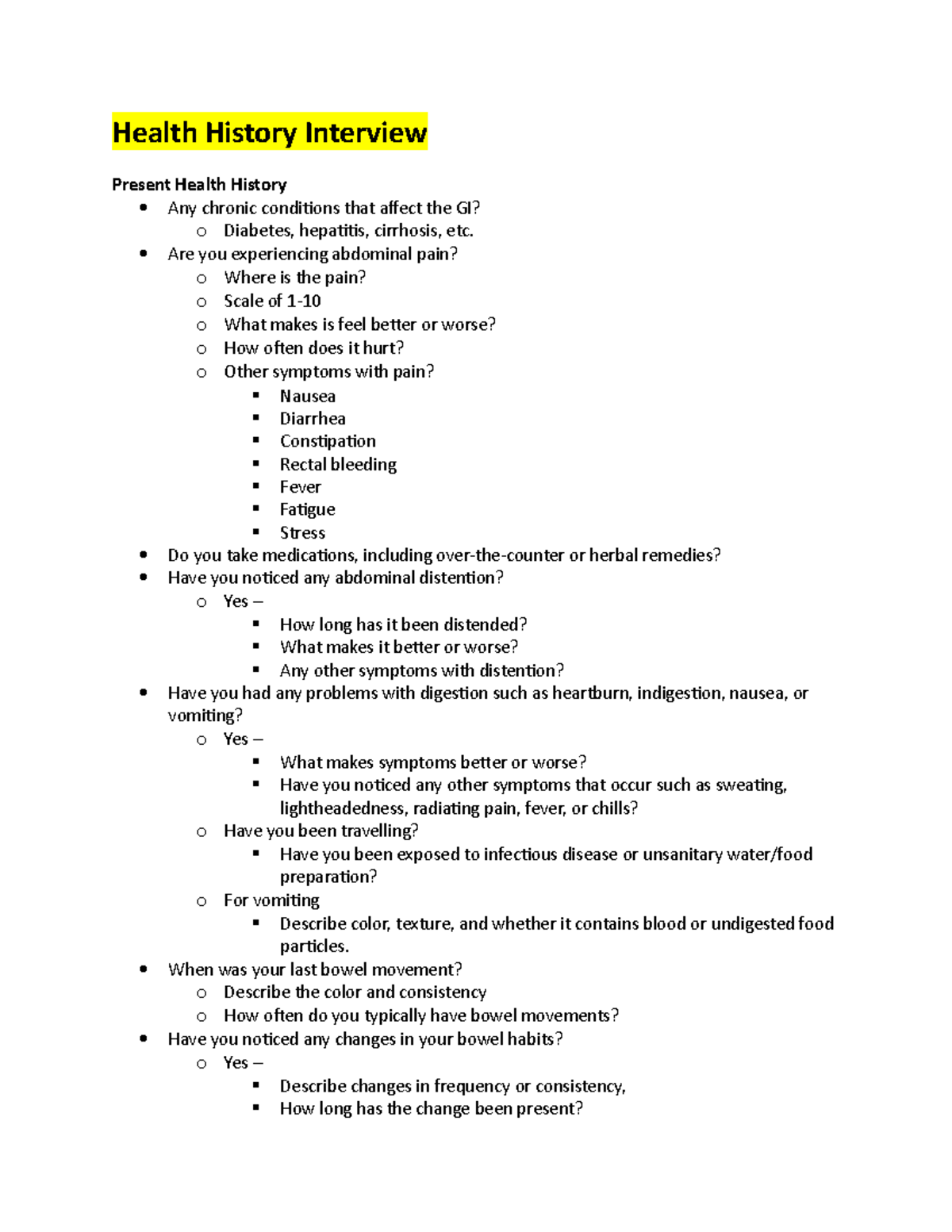Mod 8 - Abdomen - Health History Interview Present Health History Any ...