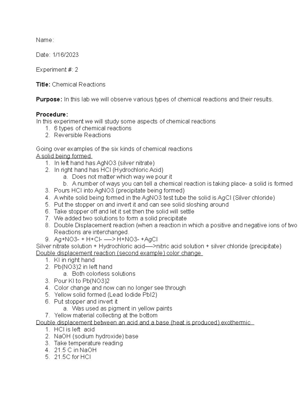 Lab Notes 2 Chemical Reactions - Name: Date: 1/16/ Experiment #: 2 ...